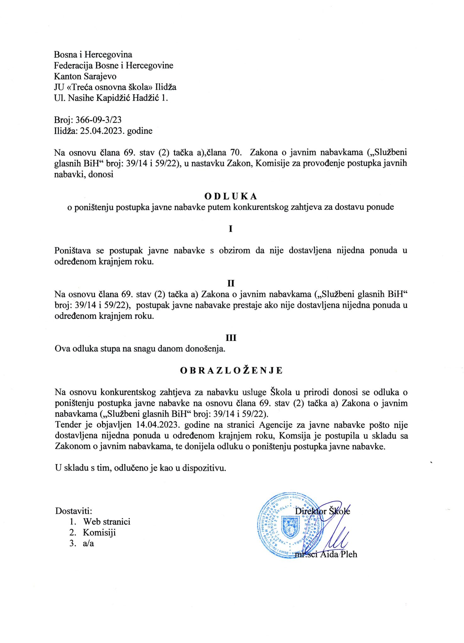 Odluka o poništenju postupka Javne nabavke putem konkurentskog zahtjeva ...